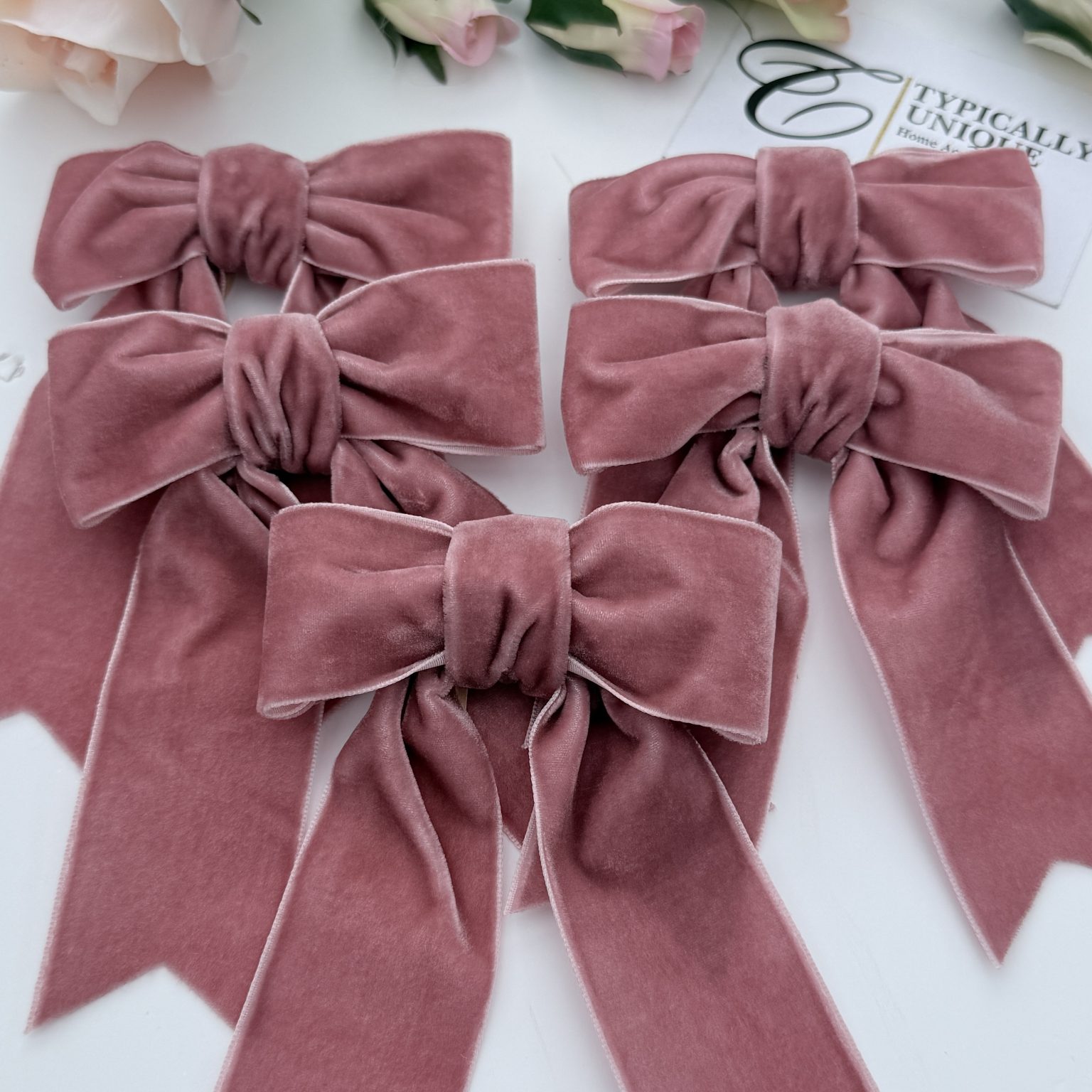 5 Pre-tied Velvet Bows 'Blush Pink' - Typically Unique