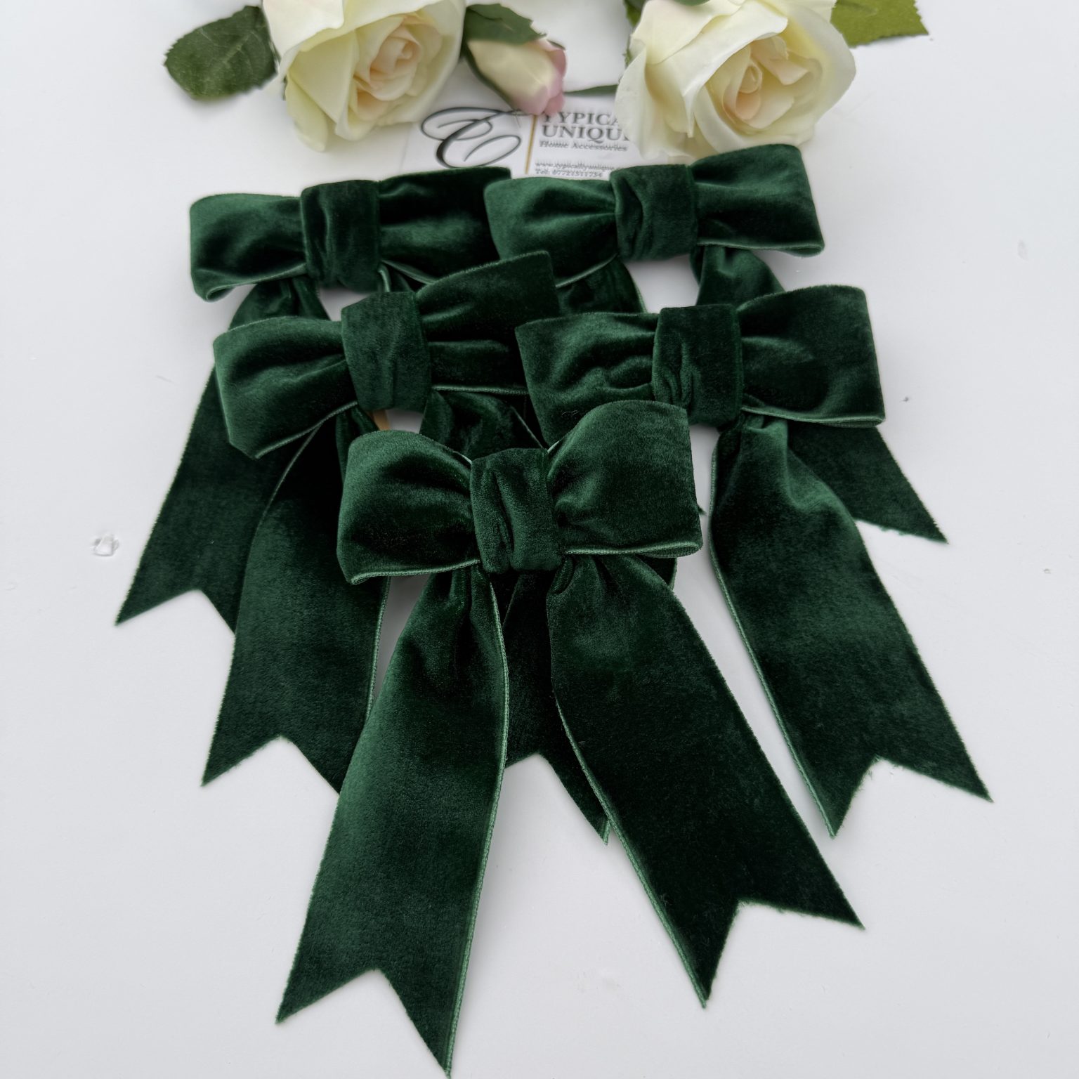 5 Pre-tied Velvet Bows 'Classic Green' - Typically Unique
